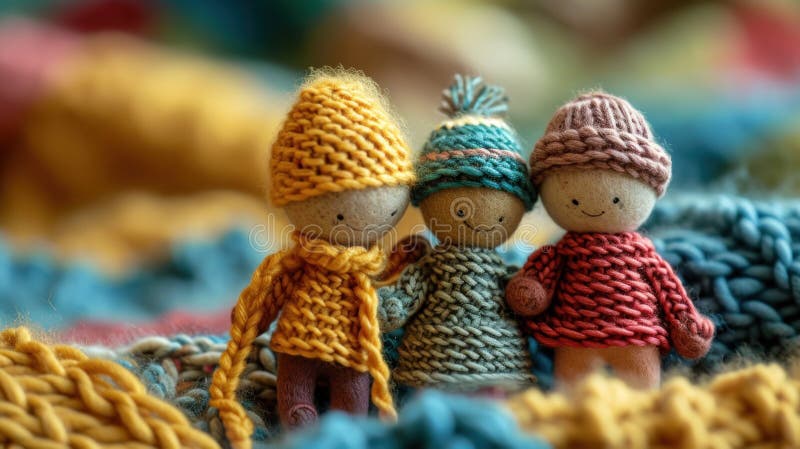 Three Small Knitted Dolls are Standing Next To Each Other, AI Stock ...