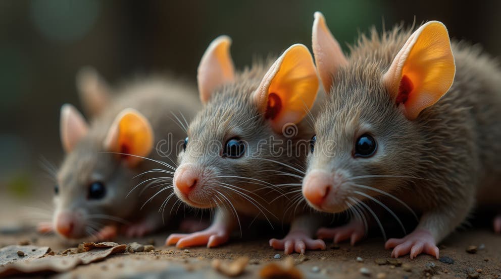 Three Small Mice with Oversized Ears are Cautiously Exploring the ...