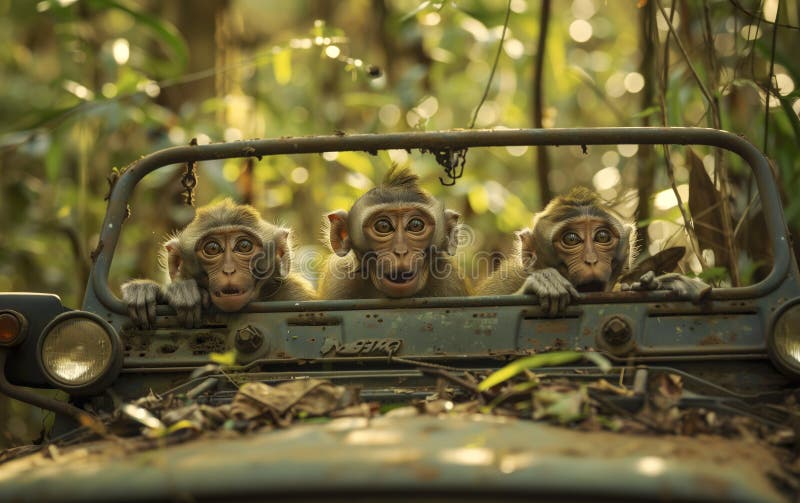 Three Small Monkeys in a Car Window Peering Intently at an Unseen ...