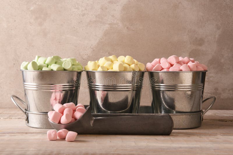 Three Small Pails Filled with Colored Marshmallows with an Ice Cream ...