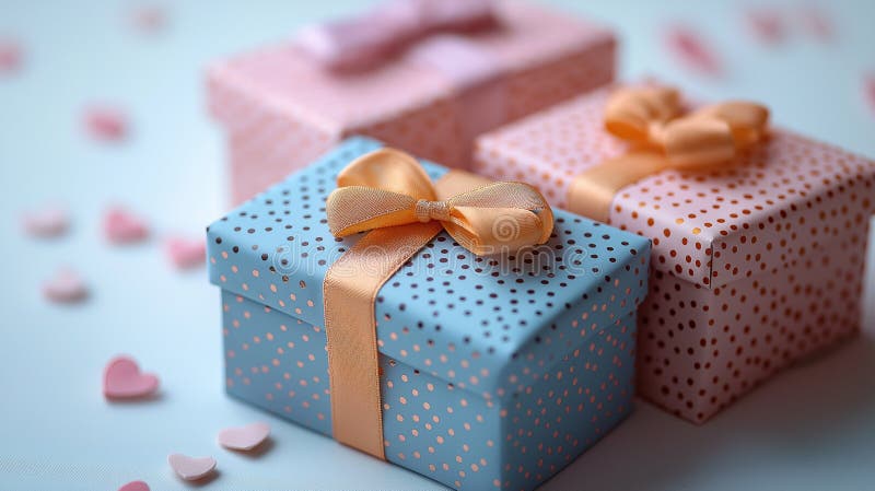 Three Small Pastel-colored Gift Boxes with Heart Pattern Stock Photo ...