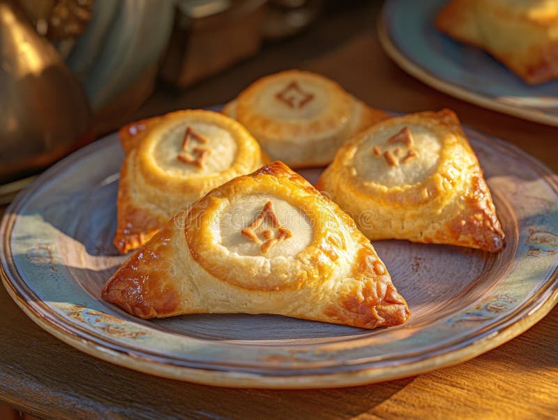 Three Small Pastries with a Symbol on Them Sit on a Blue Plate Stock ...