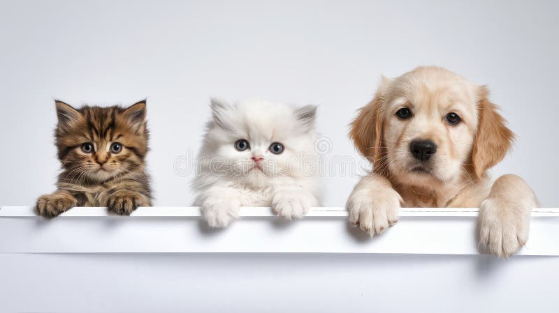 Three Small Pets Looking Over a White Banner in Cute Group Portrait ...