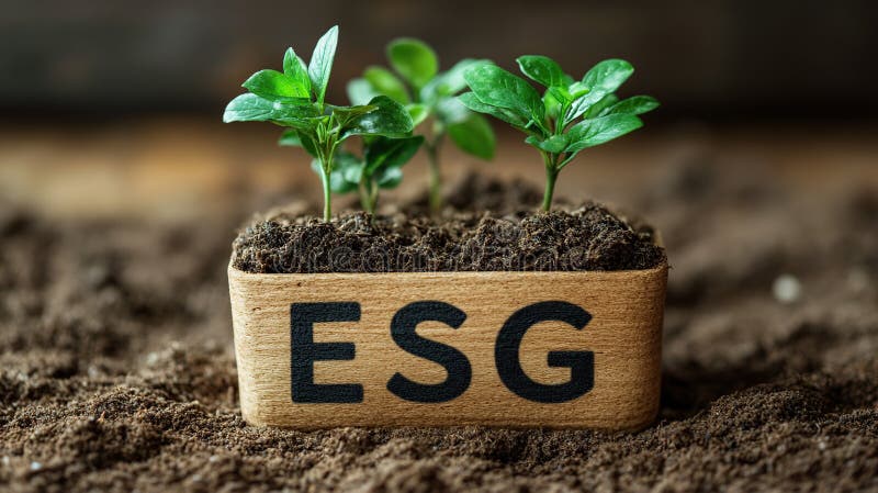 Three Small Plants Sprout from Soil in a Box Labeled "ESG Stock ...