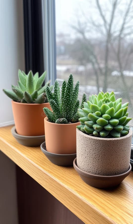 Three Small Pots with Plants are Arranged on a Shelf by a Window ...