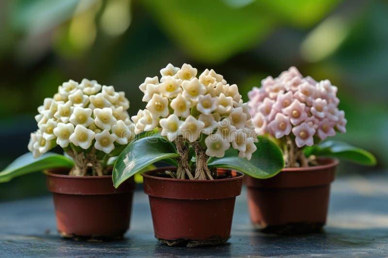 Three Small Potted Plants Sit on a Table, Greenery and Pots in Focus ...