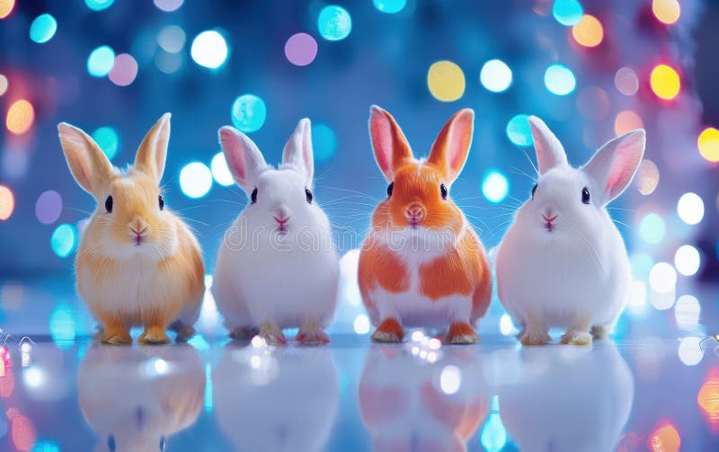 Three Small Rabbits Sit in a Row on a Table, a Charming Sight for ...