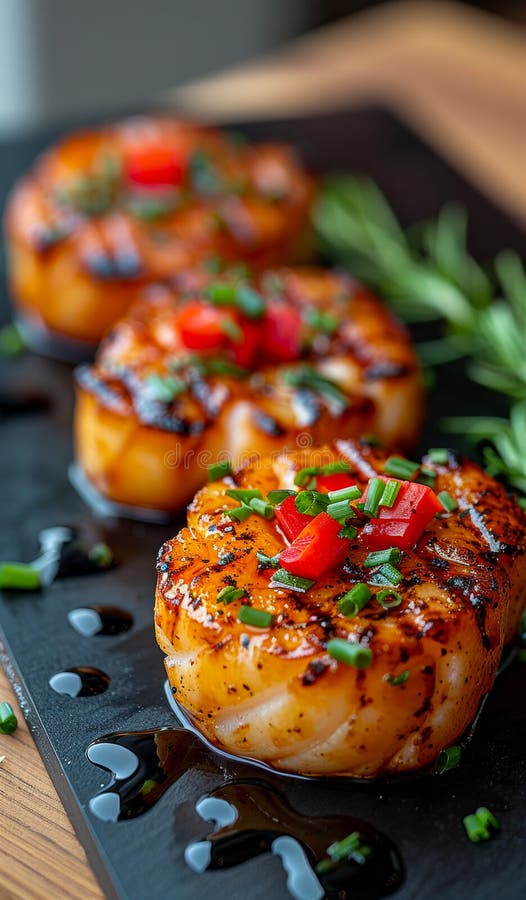 Three Small Shrimp are Sitting on a Black Plate with a Black Table ...