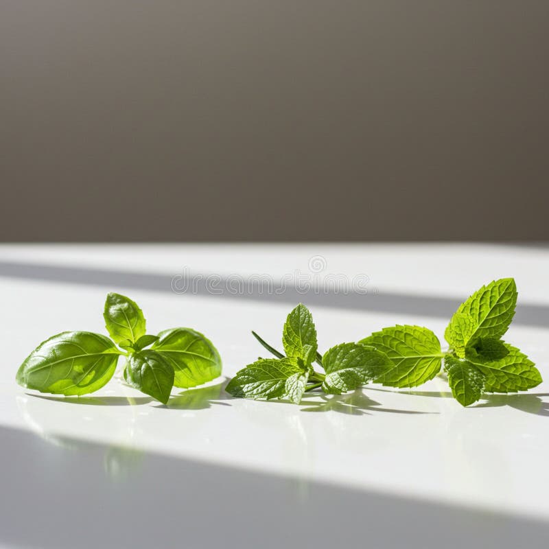Three Small Sprigs of Green Herbs are Placed on a Reflective White ...
