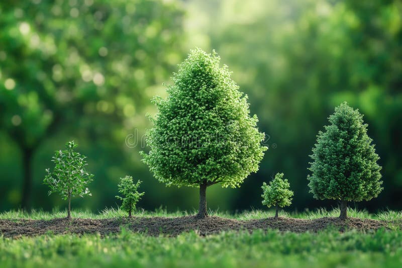 Three Small Trees are Planted in a Row in a Grassy Field Stock Photo ...