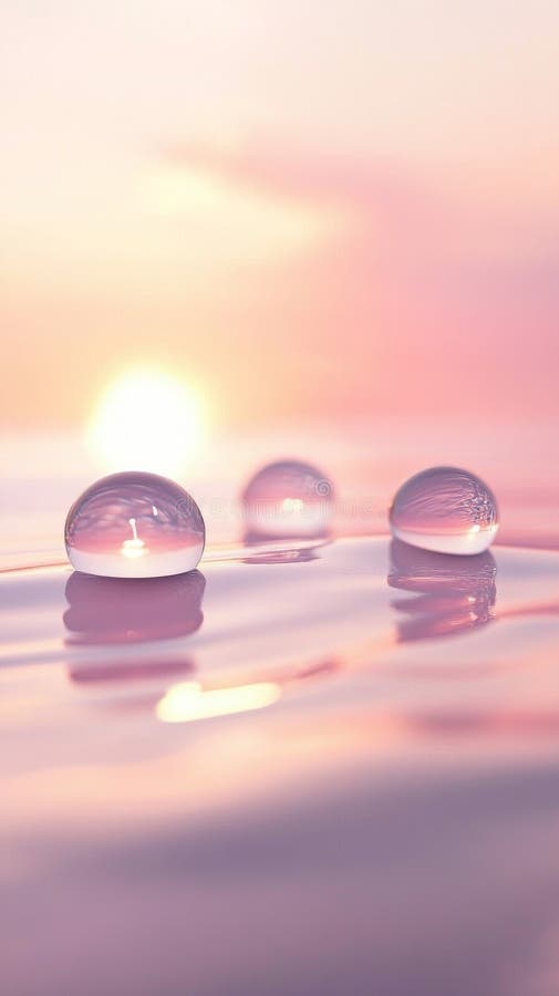 Three Small Water Droplets on a Surface with a Pink Background Stock ...