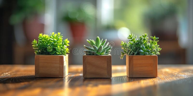 Three Small Wooden Boxes with Two Plants in the Middle Stock Image ...