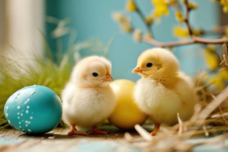 Three Small Yellow Chicks are Sitting by Some Colorful Easter Eggs ...