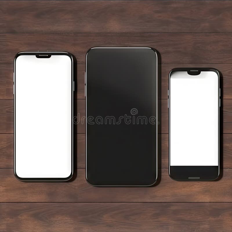 Three Smartphones with Blank, Copy Space Lie on Wooden Table. Top View ...