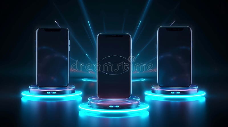 Three Smartphones with Blue Neon Light on Dark Background, Generative ...