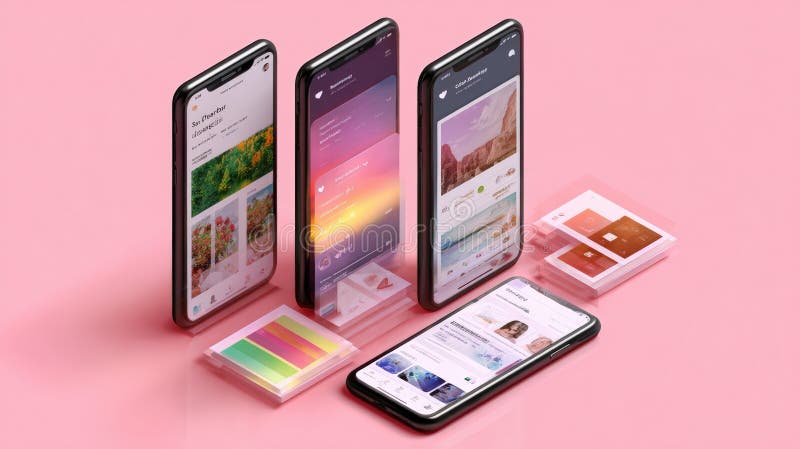 Three Smartphones Display Vibrant App Interfaces on a Pink Background ...