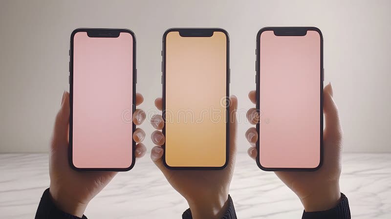 Three Smartphones Held with Colored Screens Stock Illustration ...