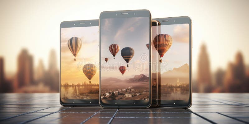 Three Smartphones Lined Up Table Suitable Technology Concepts Stock ...