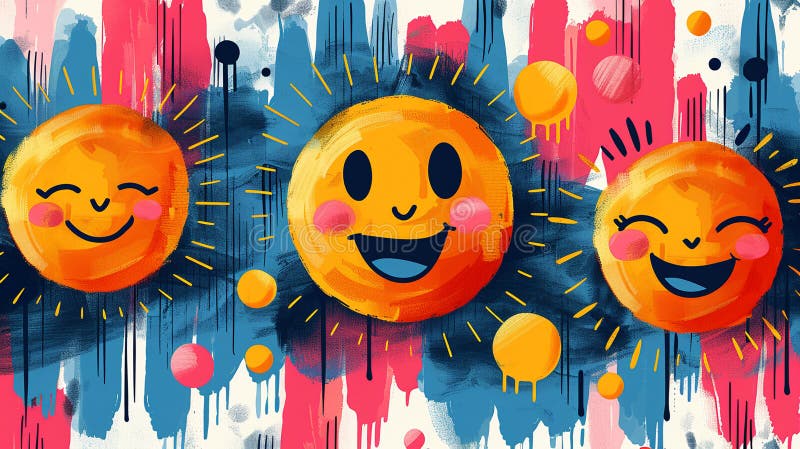 Three Smiley Faces Painted Brightly on Colorful Background, Happiness ...