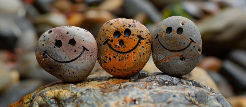 Three Smiley Faces Painted Rocks on a Rock Stock Image - Image of ...