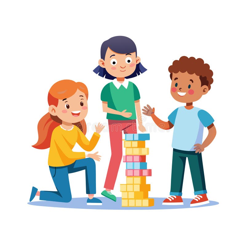 Children Building a Tower: Teamwork, Fun, and Learning Vector ...