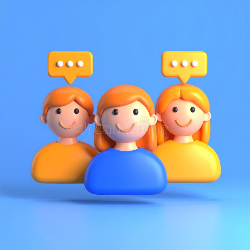 Three Smiling 3D Characters with Speech Bubbles Stock Illustration ...