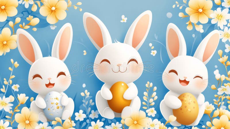 Three Smiling Easter Bunnies Holding Eggs in a Floral Setting Stock ...