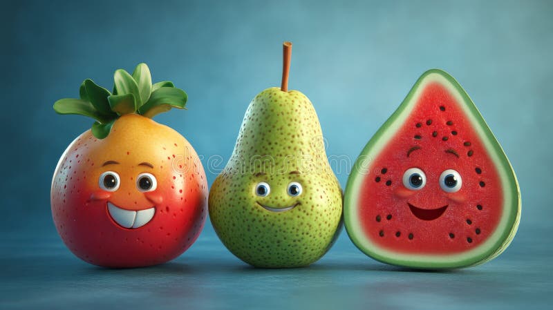 Three Smiling Fruits with Cartoon Faces, 3D Illustration Stock ...