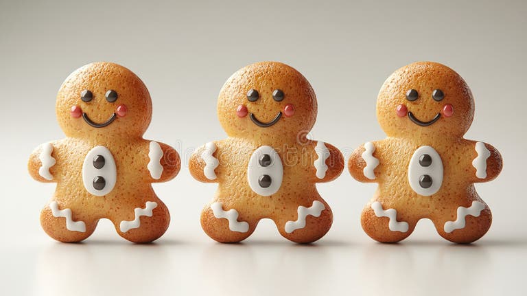 Three Smiling Gingerbread Men Cookies in a Row on White Background ...