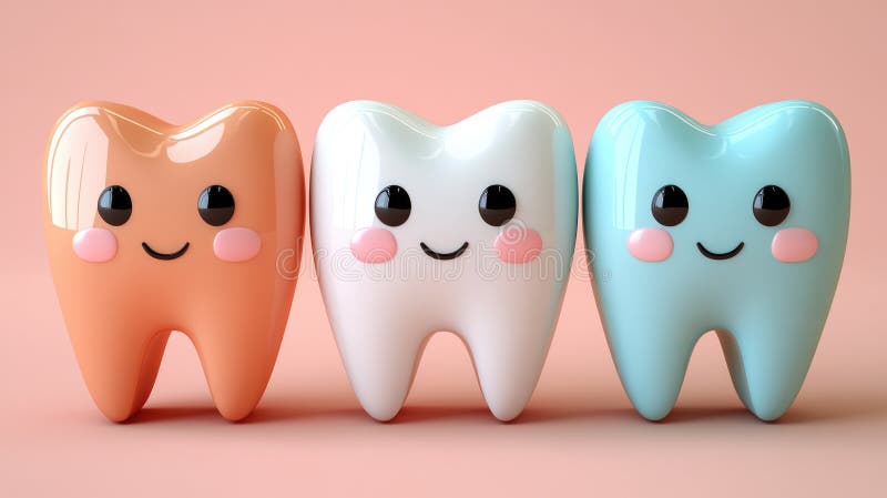 Three Smiling Tooth Characters with Happy Faces on Pink Background ...
