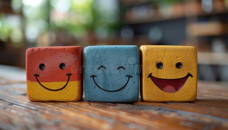 Three Smiling Wooden Blocks on Table, Creative Arts at Play Stock Photo ...