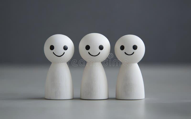 Three Smiling Wooden Figures Representing Happiness, Unity, Positivity ...