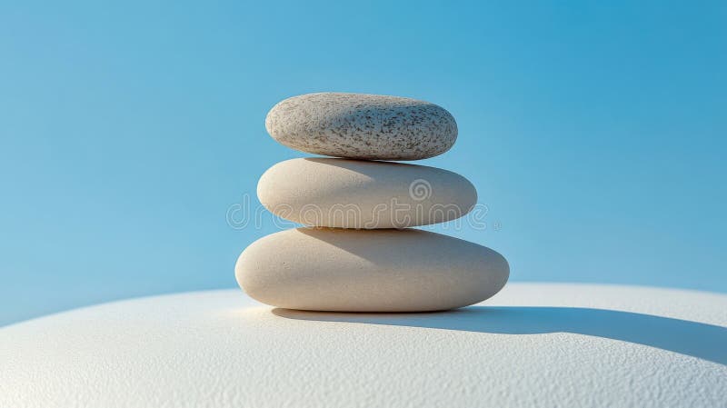 Three Smooth Stones Stacked Together on a White Surface with Clear Blue ...