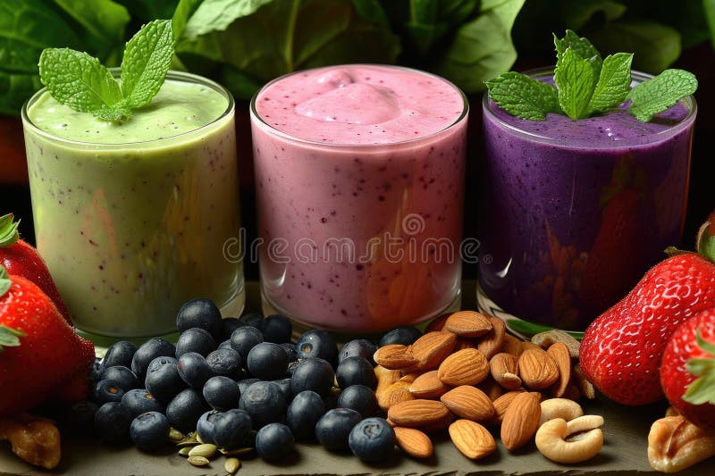 Three Smoothies with Different Colors and Bunch of Strawberries Stock ...