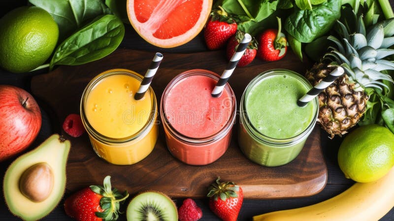 Three Smoothies are Displayed on a Cutting Board with Fruit, AI Stock ...