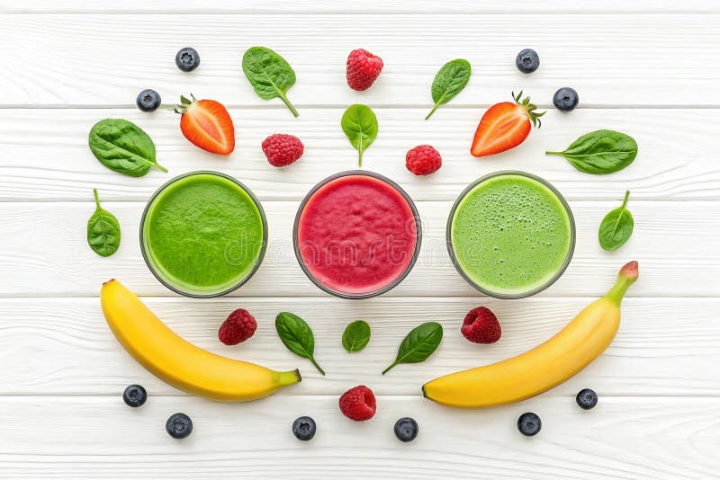 Three Smoothies (green, Red, Green) Arranged with Fruits and Spinach on ...