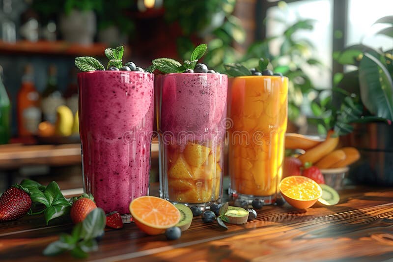 Three Smoothies on a Wooden Table Stock Illustration - Illustration of ...