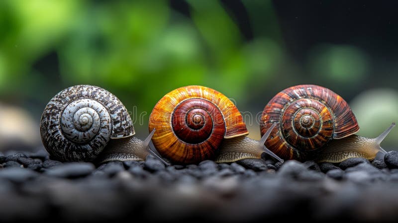 Three Snails with Colorful Shells Crawl on a Bed of Pebbles Stock ...
