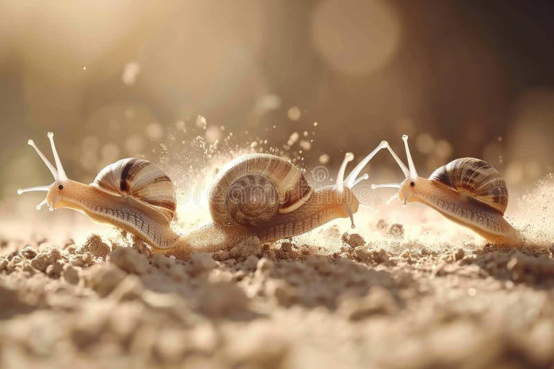 Three Snails Race Across a Sandy Path, Their Shells Glistening in the ...