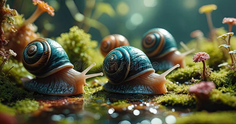 Three Snails are Sitting on a Mossy Surface, with One of Them Being a ...