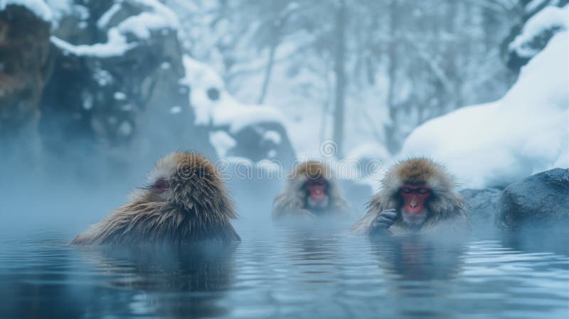 Three Snow Monkeys Relaxing in a Hot Spring Stock Illustration ...