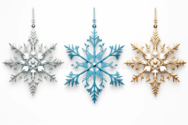 Three Snowflakes of Different Colors, White, Blue, Gold on a White ...