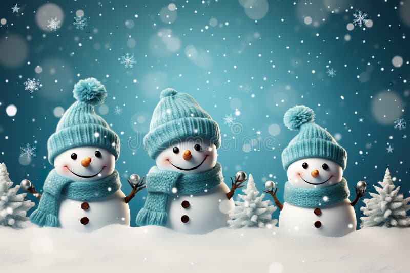 Three Snowmen in Blue Knitted Clothes. Digital Illustration Stock ...