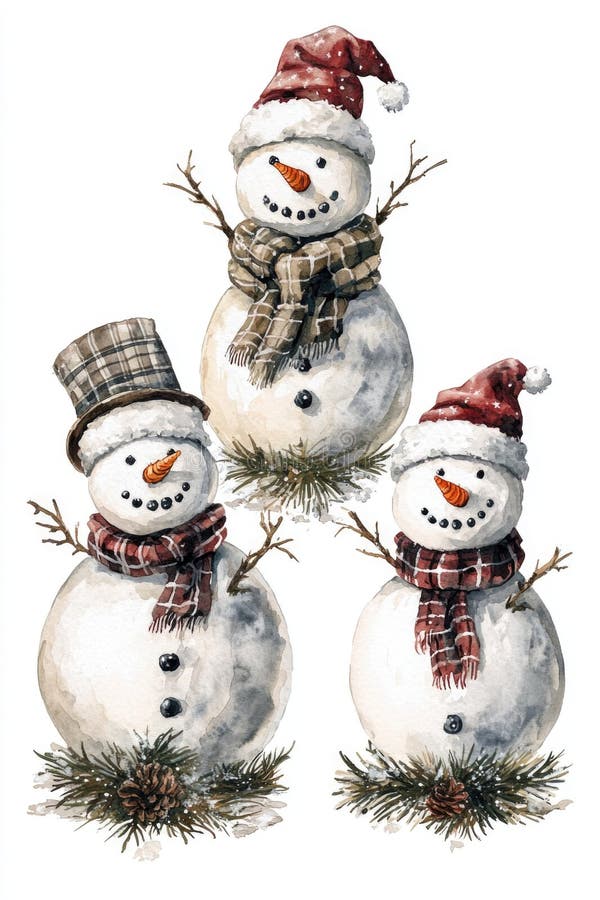 Three Snowmen Dressed for Winter Weather, Featuring Hats and Scarves ...