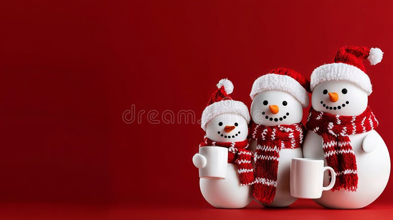 Three Snowmen with Hats and Scarfs Holding Mugs Stock Photo - Image of ...
