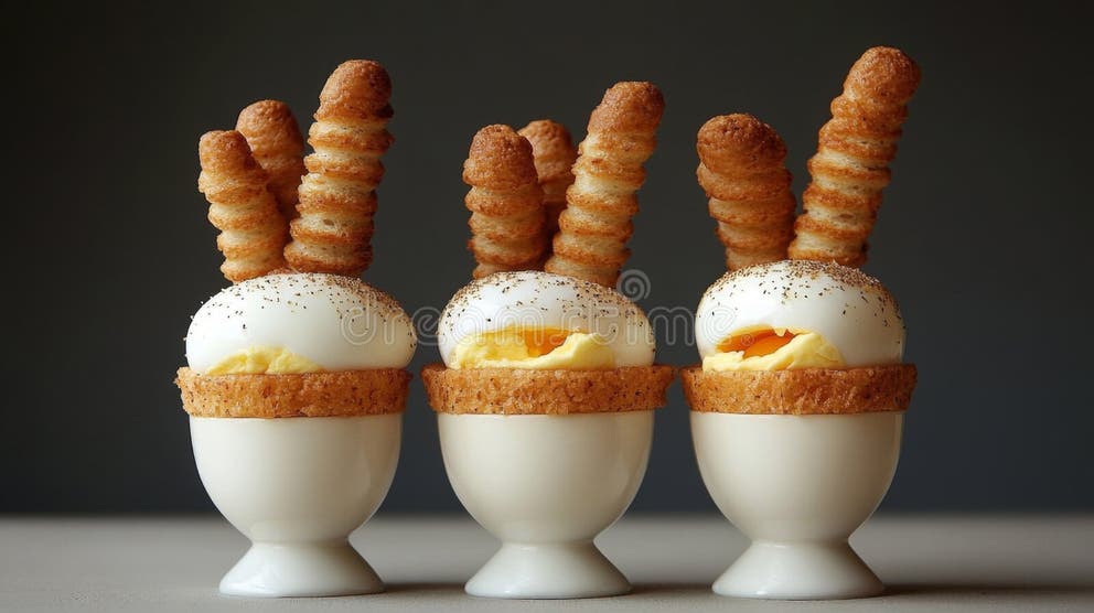 Three Soft Boiled Eggs with Crispy Breadstick Garnish Stock ...