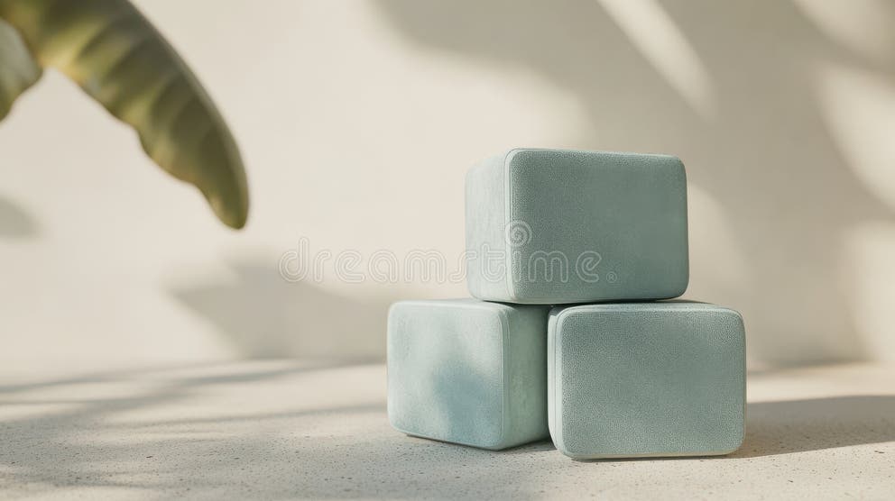 Three Soft Green Velvet Cubes on Light Surface with Foliage Shadow ...