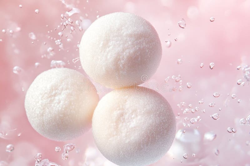 Three Soft White Bath Balls with Water Droplets on a Pink Background ...