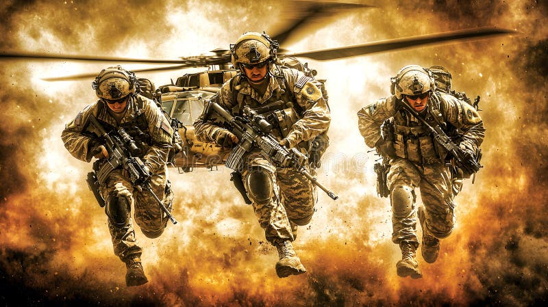 Three Soldiers Charging Forward Amidst Explosive Backdrop. Stock Image ...