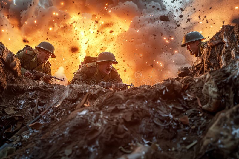 Three Soldiers are in a Trench with a Bomb Exploding in the Background ...